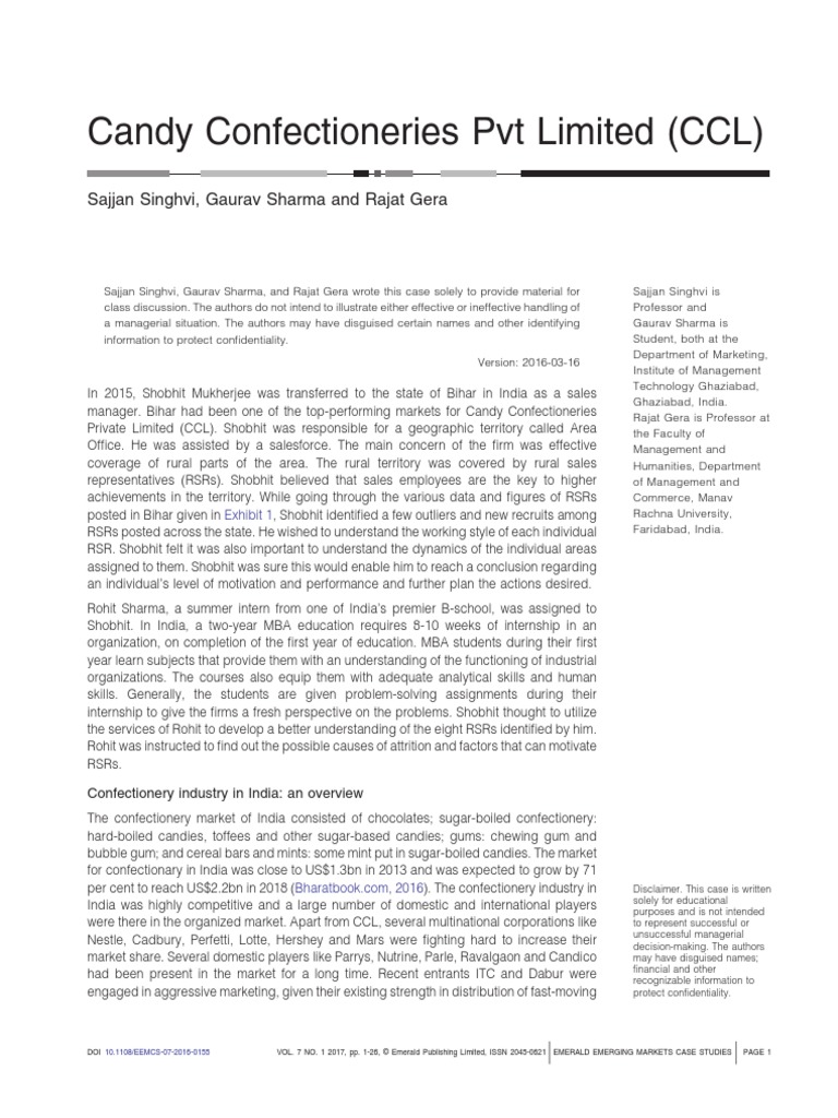 Candy Confectioneries PVT Limited (CCL) : Sajjan Singhvi, Gaurav Sharma and Rajat Gera | PDF ...