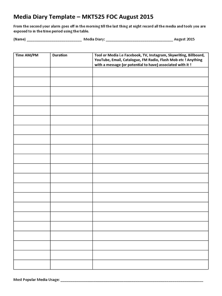 Media Diary Template Example | PDF