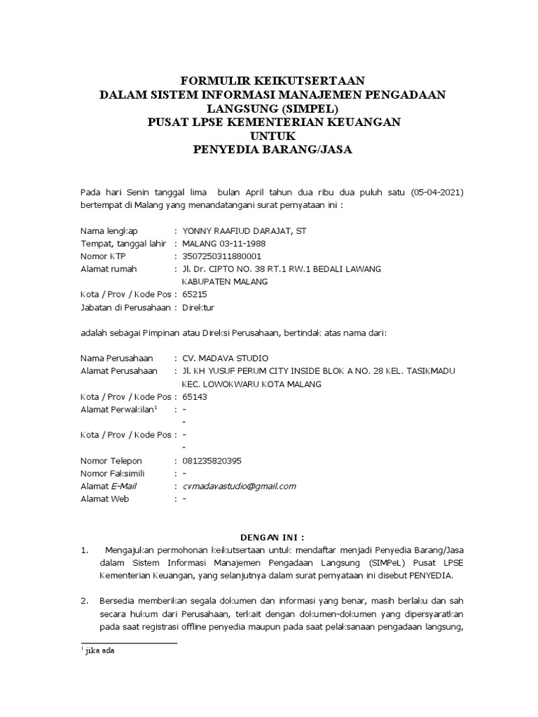 Form Pendaftaran SIMPEL MADAVA | PDF