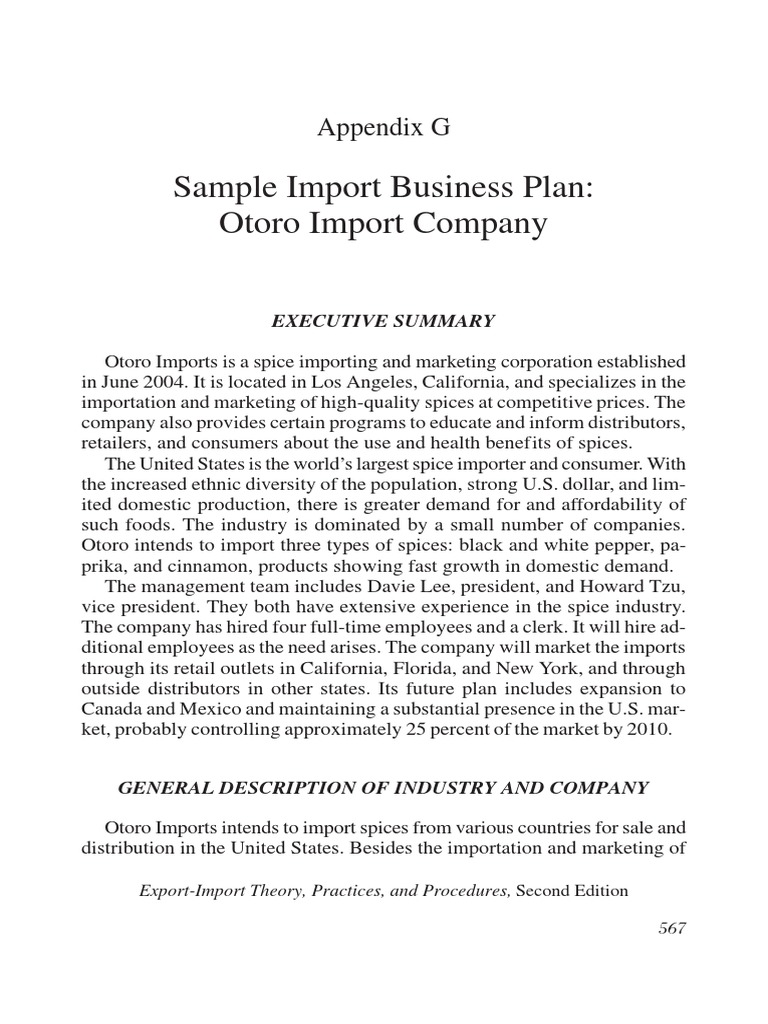 40th Appendix G - Sample Import Business Plan Otoro Import Company ...