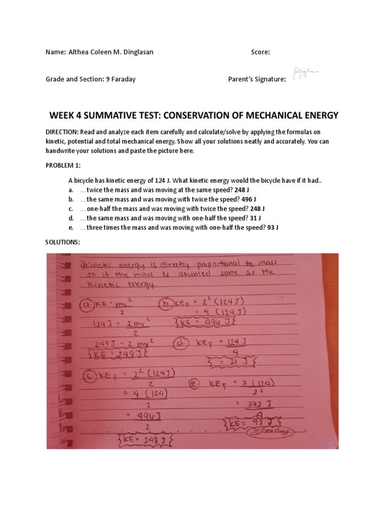 Grade 9 Physics Energy Problems | PDF | Kinetic Energy | Potential Energy
