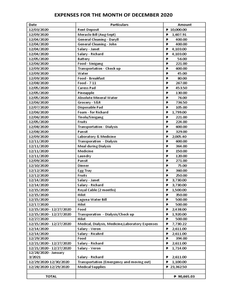Expenses For The Month of December 2020 | PDF | Foods | Food And Drink