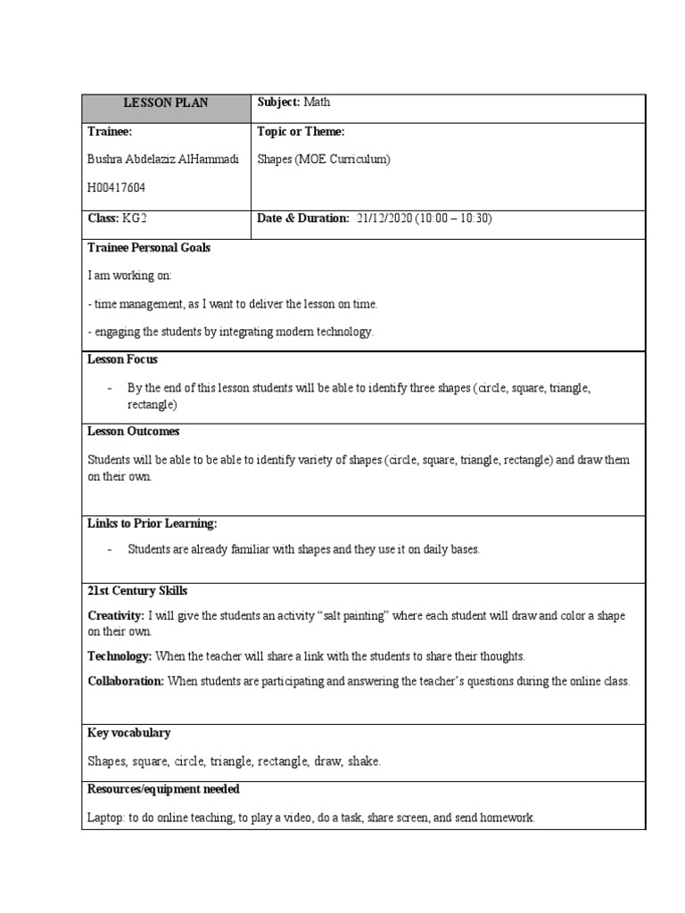 Lesson Plan - Shapes | PDF | Lesson Plan | Teachers