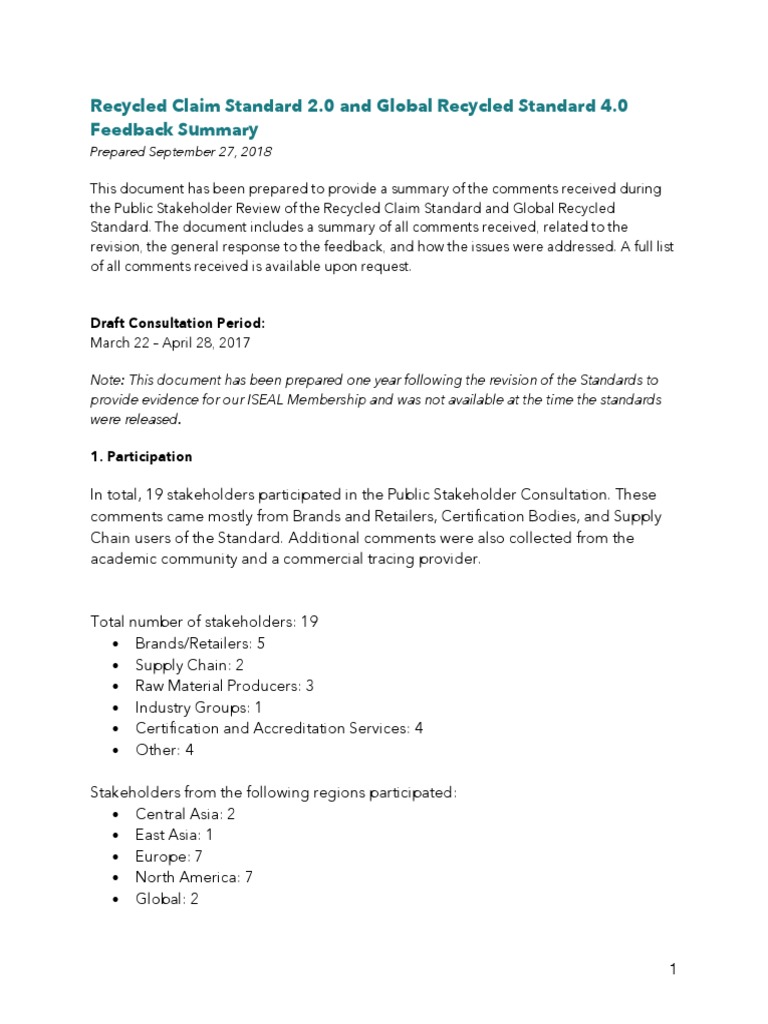Recycled Claim Standard 2.0 and Global Recycled Standard 4.0 Feedback ...