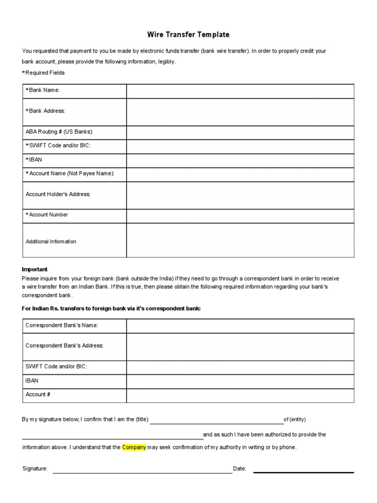 19 - Wire Transfer Instructions Form Template | PDF