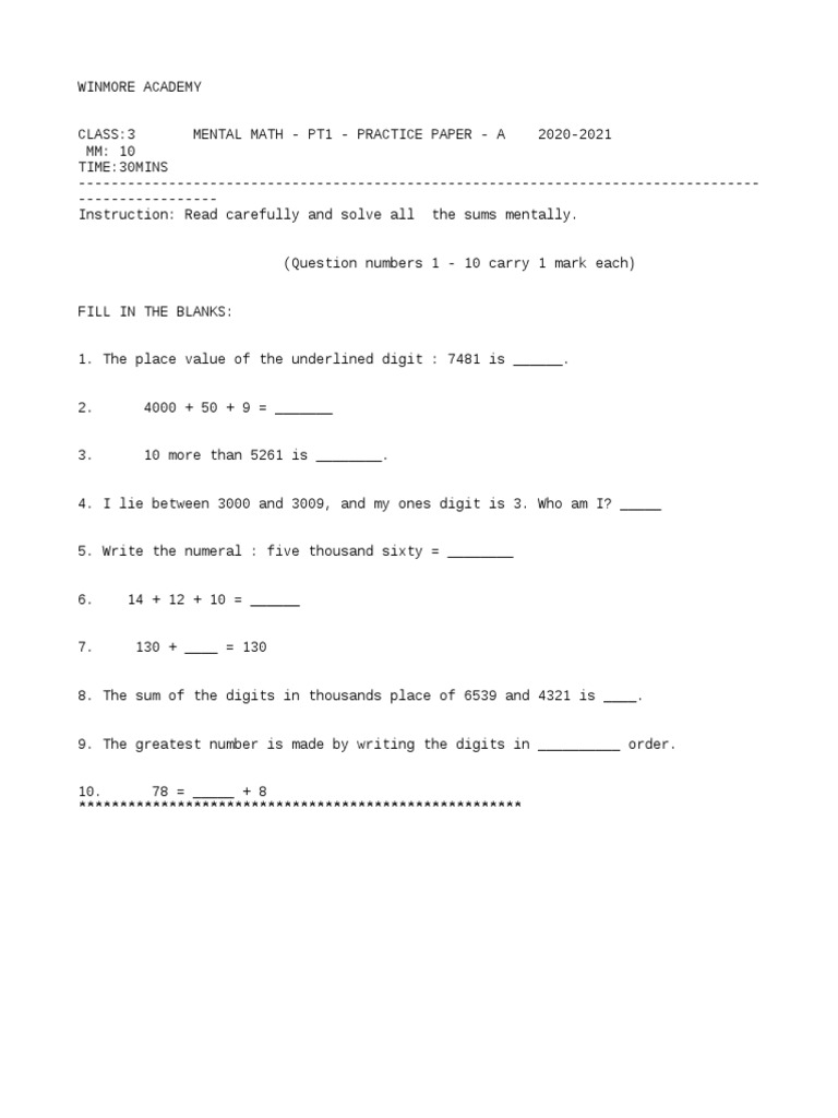 Cl3 Pt1 Mental Math Practice Paper Set A 2020 2021 | PDF