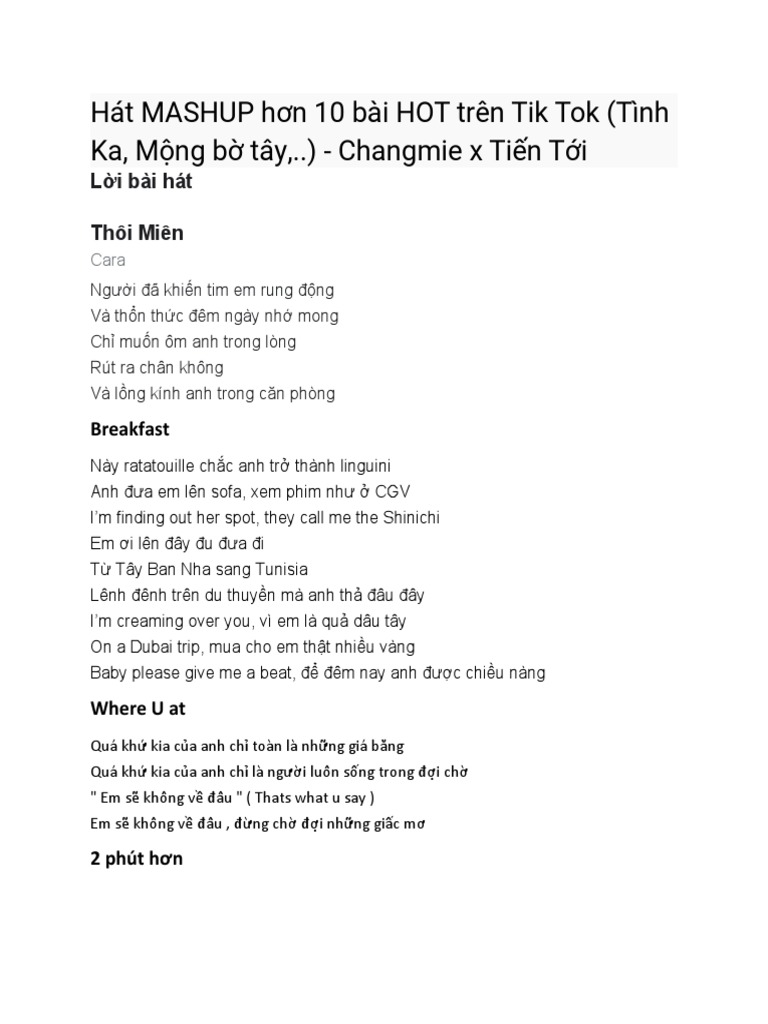 Loi Bai Hat Hát MASHUP Hơn 10 Bài HOT Trên Tik Tok | PDF