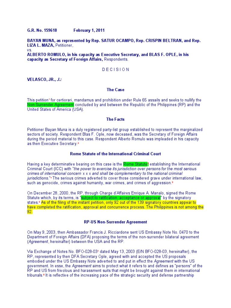 Bayan Muna vs. Romulo | PDF | Treaty | International Criminal Court