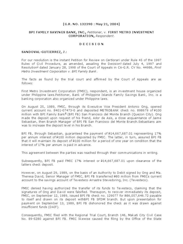 BPI FAMILY SAVINGS BANK vs. FIRST METRO INVESTMENT CORP. | PDF ...