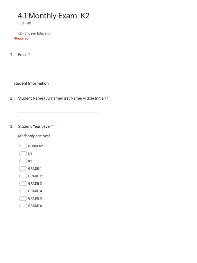 4.1 Monthly Exam-K2 FILIPINO - Google Forms | PDF