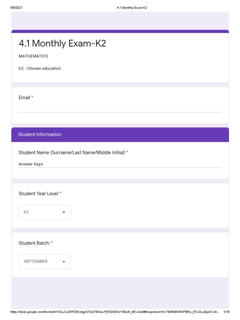 K2 Mathematics Monthly Exam 4.1 | PDF | Teaching Mathematics