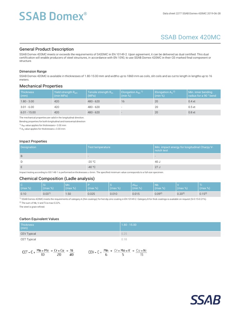 SSAB Domex 420MC: General Product Description | PDF | Sheet Metal | Welding