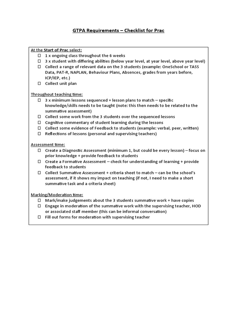 GTPA Requirements - Checklist For Prac | PDF