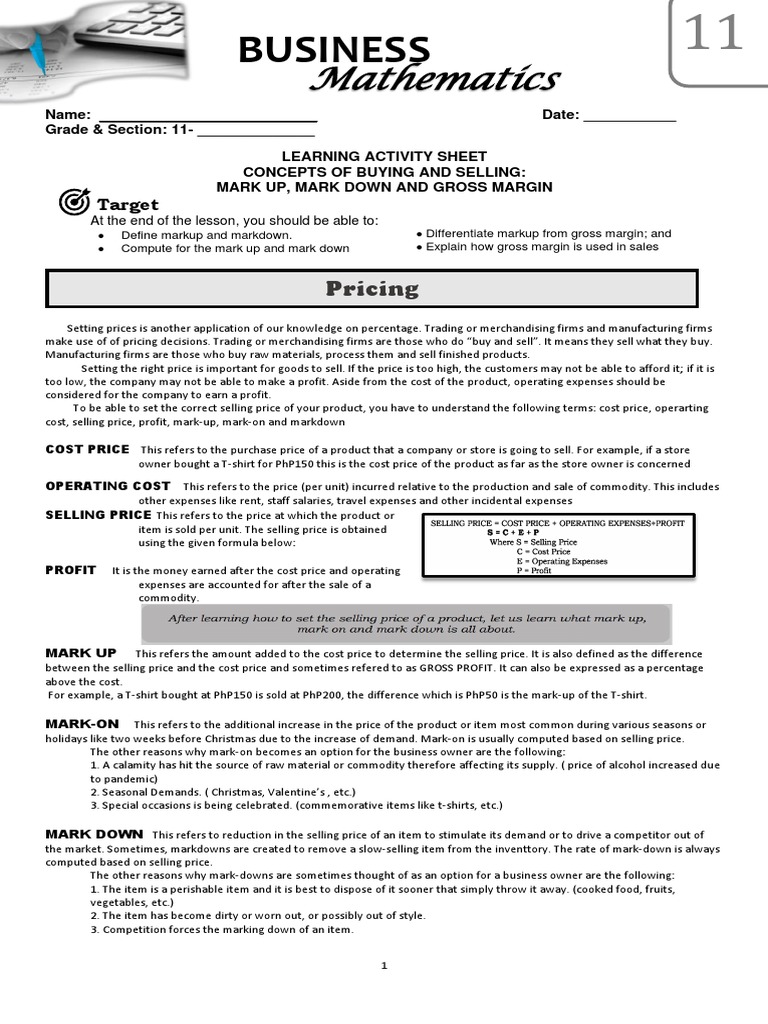 Bus Math Q4 L1 | PDF | Gross Margin | Business