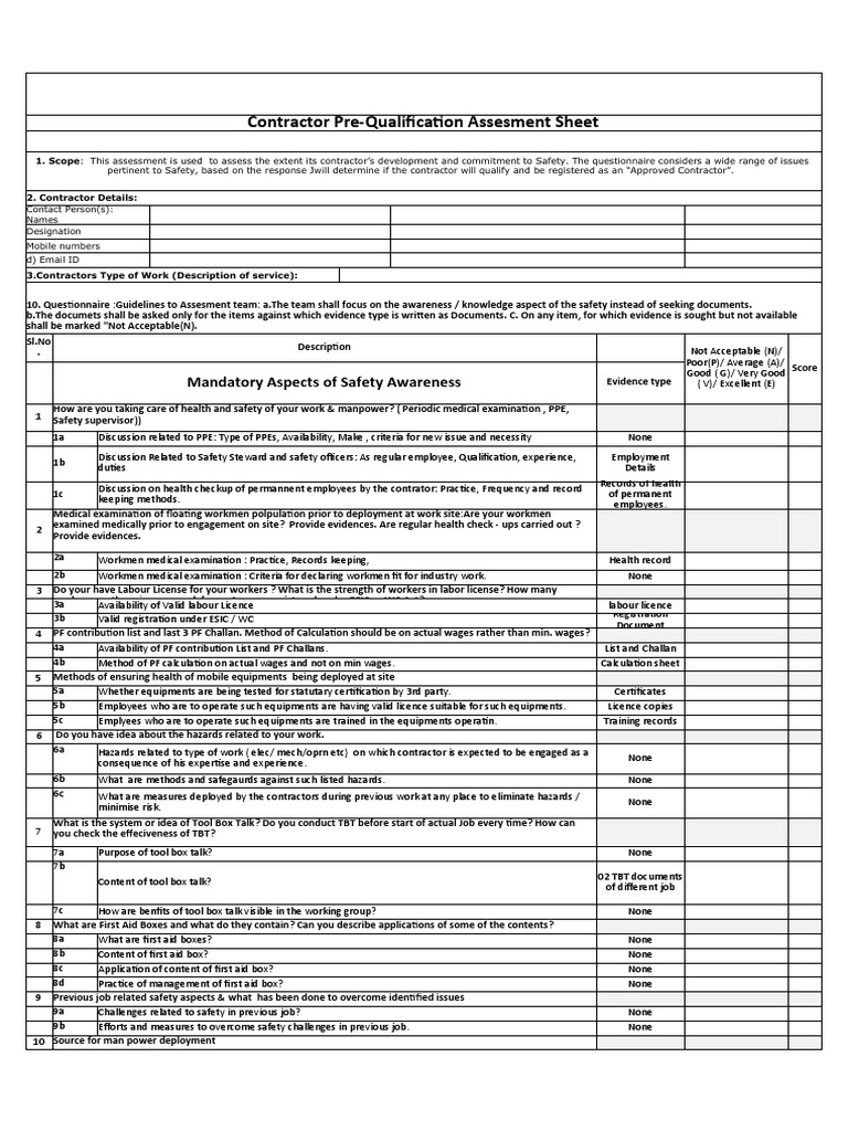 Contractor Pre-Qualification Assesment Sheet: Mandatory Aspects of ...