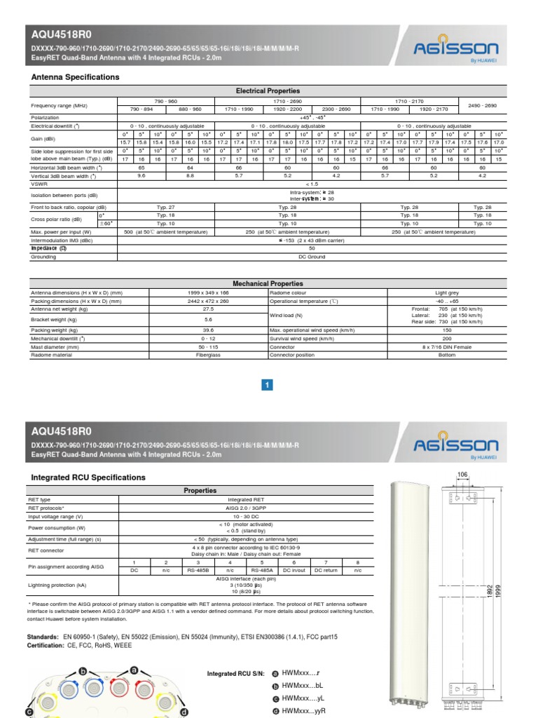 AQU4518R0: Antenna Specifications | PDF | Telecommunications | Electronics