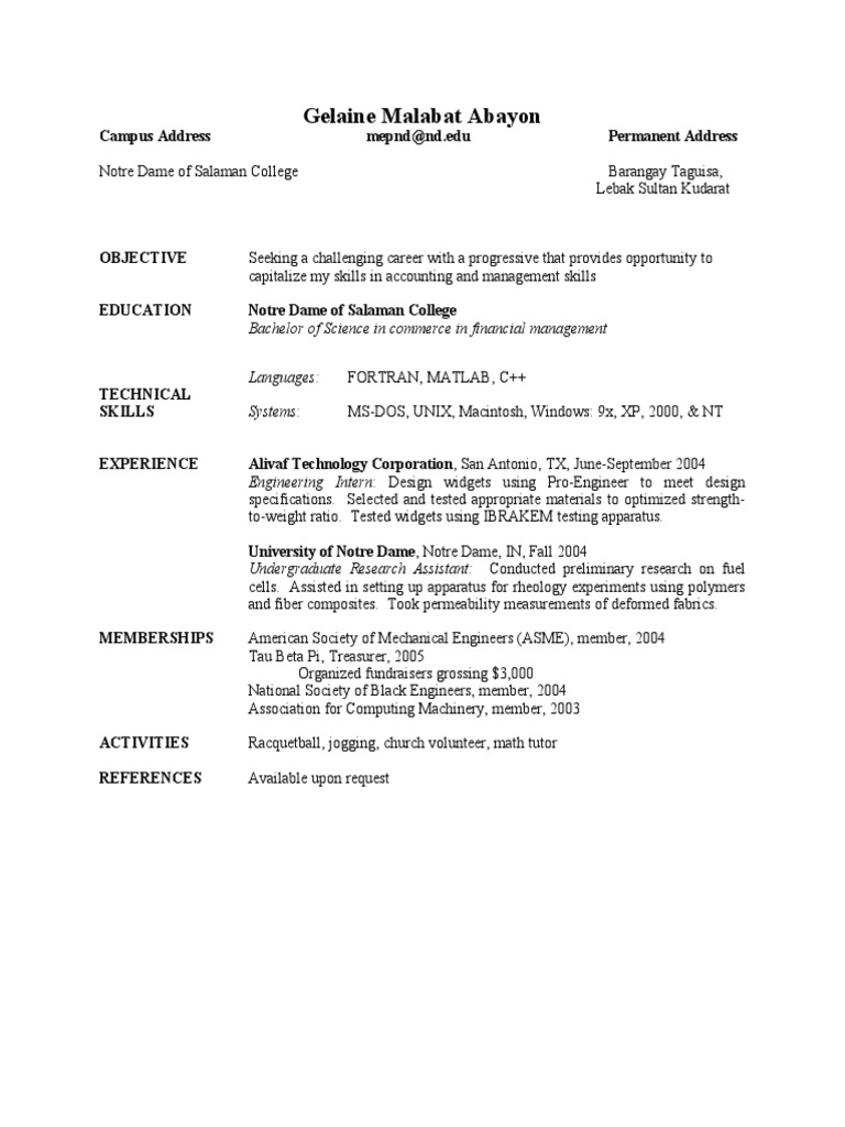 Gelaine Malabat Abayon: Bachelor of Science in Commerce in Financial Management Languages ...