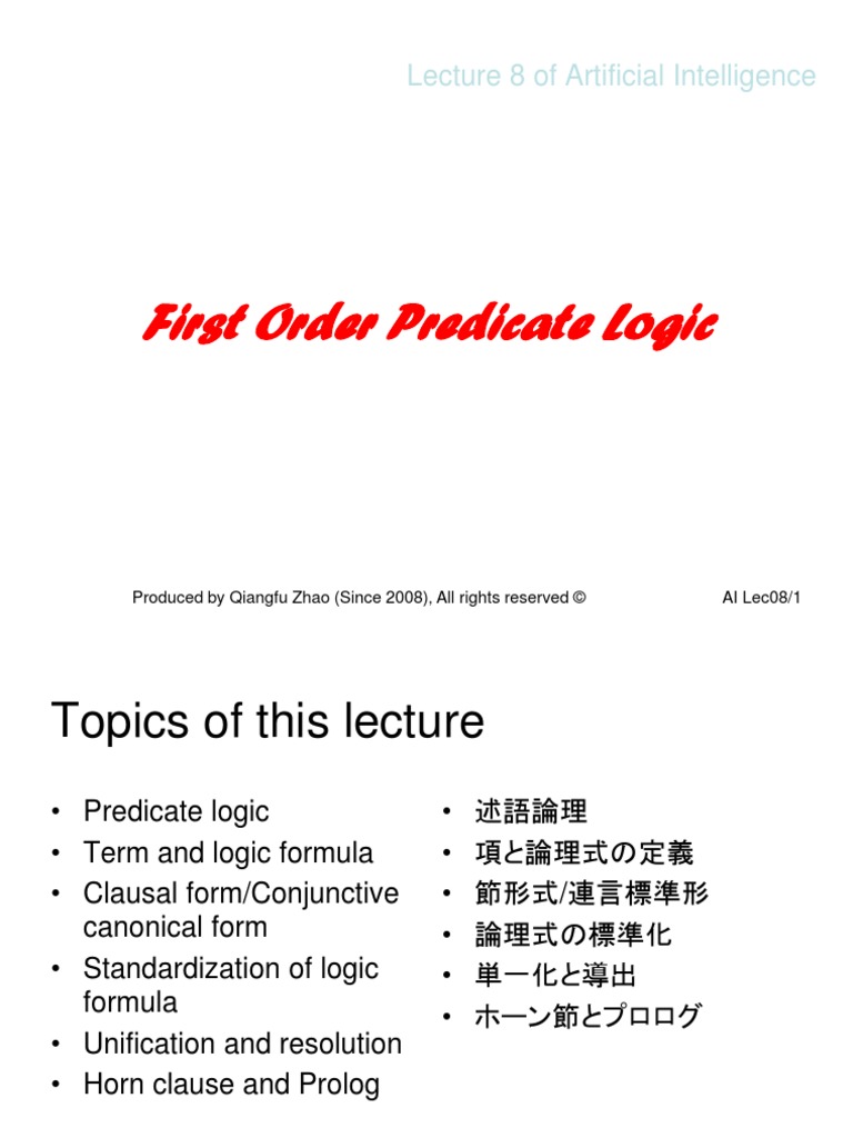 First Order Predicate Logic: Lecture 8 of Artificial Intelligence | PDF | First Order Logic ...