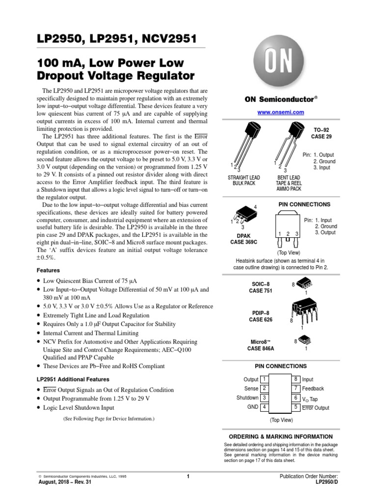 LP2950, LP2951, NCV2951 100 Ma, Low Power Low Dropout Voltage Regulator | PDF | Electronic ...