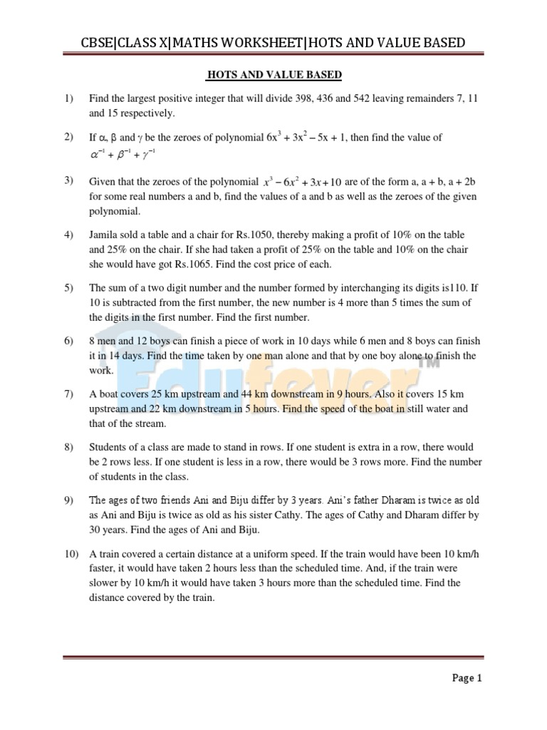 Cbse - Class X - Maths Worksheet - Hots and Value Based | PDF ...