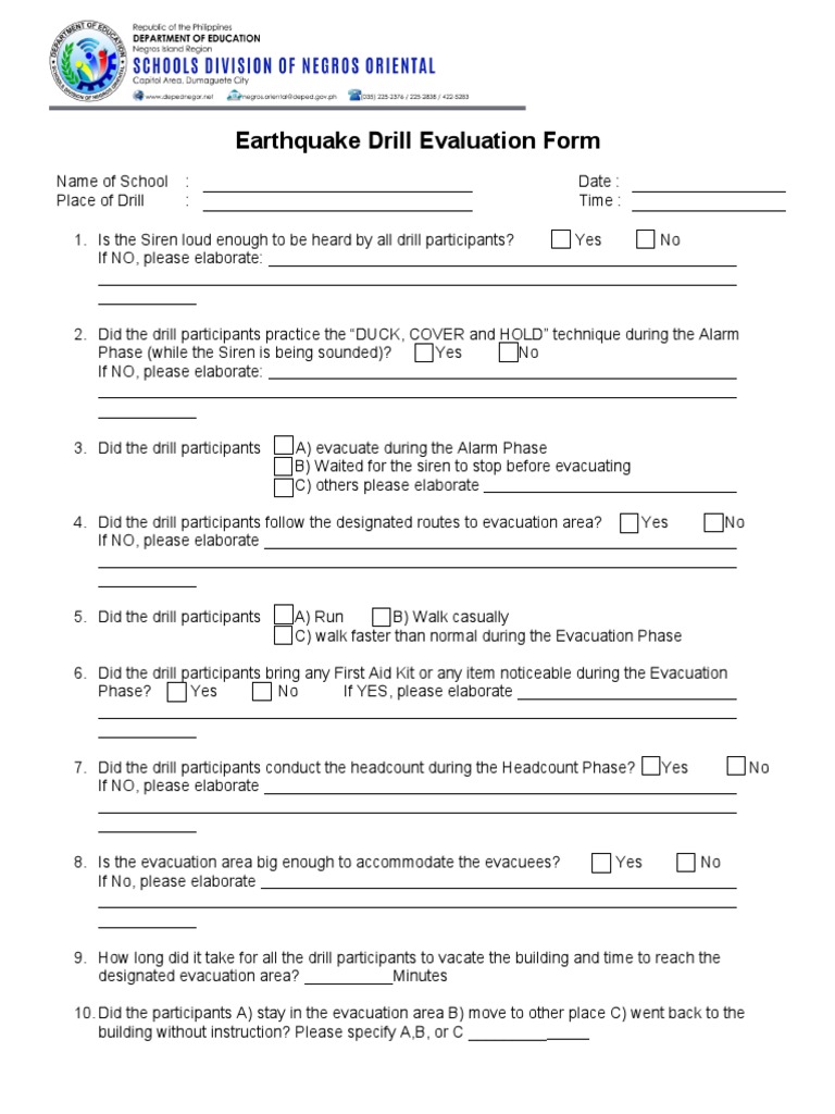 Earthquake Drill Evaluation Form | PDF | Emergency Evacuation | Public ...