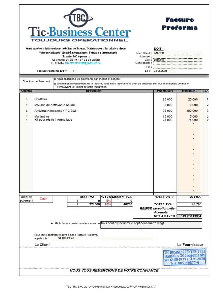 Facture Imafer Kit Reseau PC 2021 | PDF | Facture | Documents commerciaux