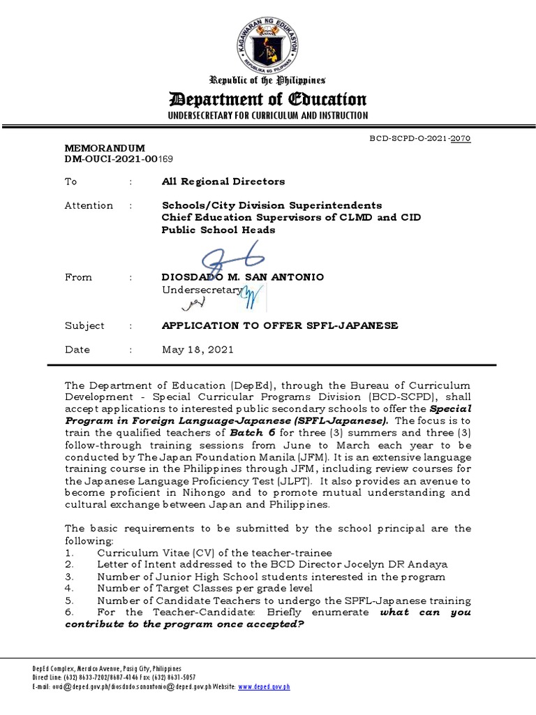 5 20 SCPD O 2070 Memo SPFL - J - Application | PDF | Curriculum | Teachers