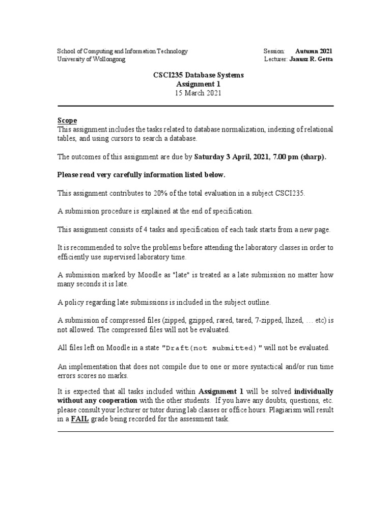 CSCI235 Database Systems Assignment 1 | Download Free PDF | Database Index | Relational Model