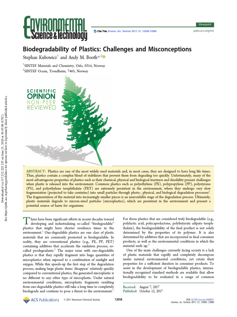 Biodegradability of Plastics Challenges and Misconceptions | PDF | Biodegradation | Plastic