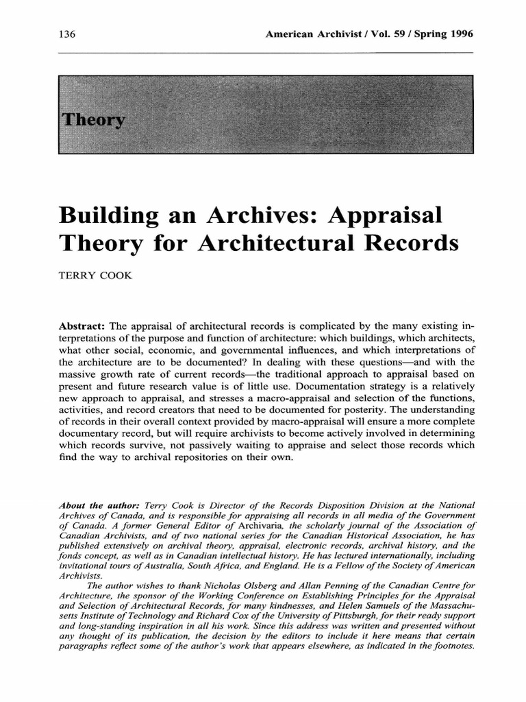 Cook, 1996. Building An Archives Appraisal Theory For Architectural ...