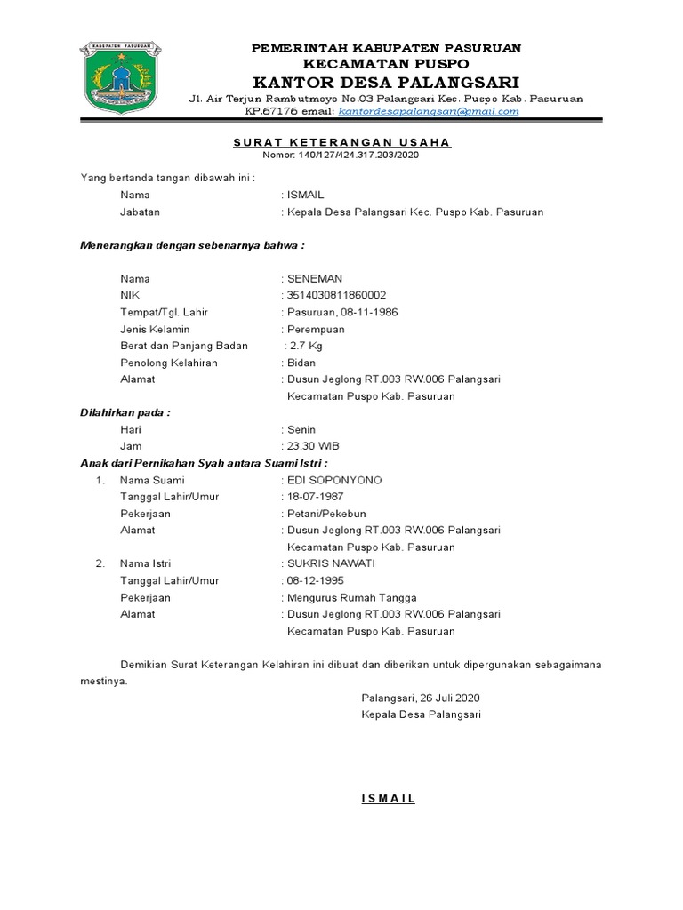 Surat Keterangan Kelahiran Seneman | PDF