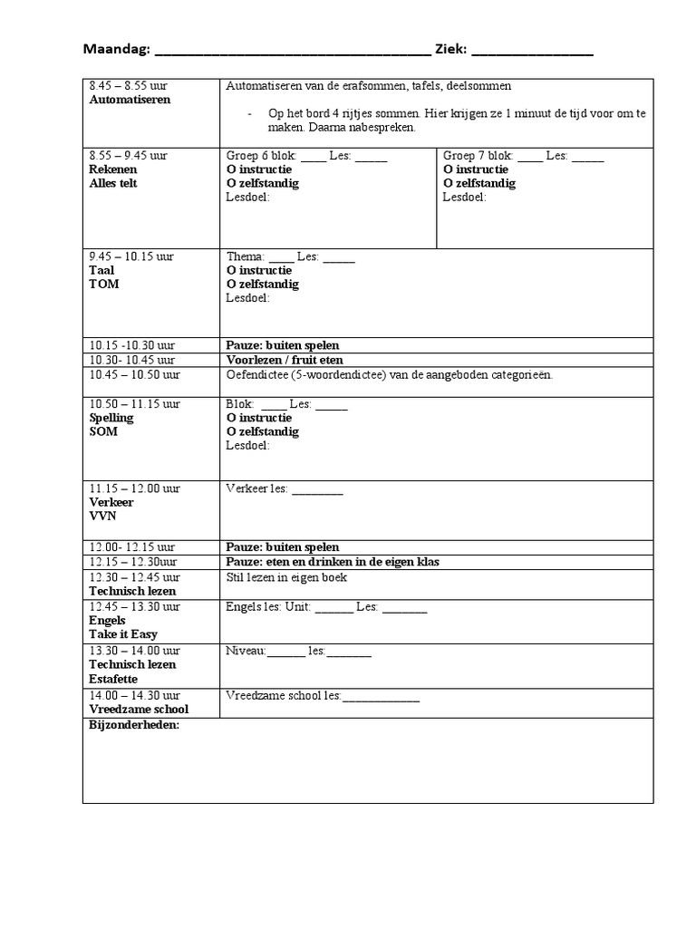 Dagplanning Groep 7 Na Lockdown | PDF