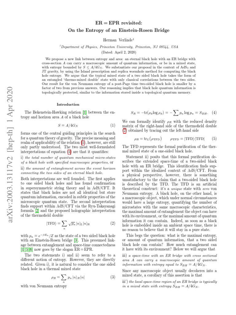 ER EPR Revisited: On The Entropy of An Einstein-Rosen Bridge | PDF ...