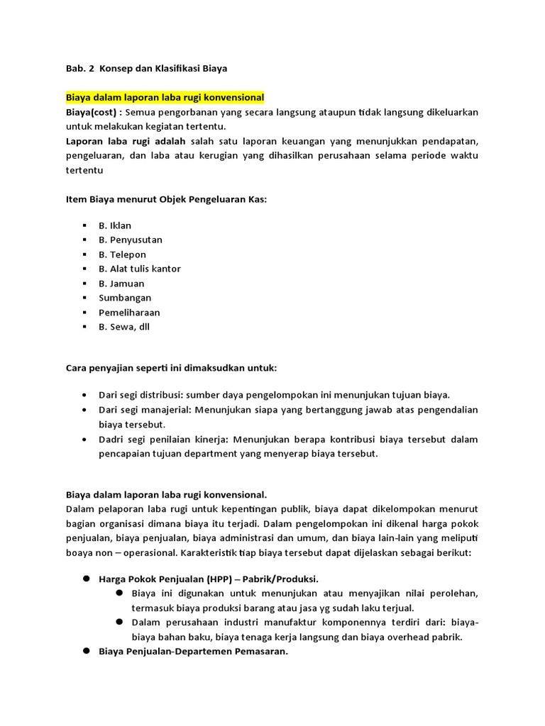 Bab. 2 Konsep Dan Klasifikasi Biaya | PDF