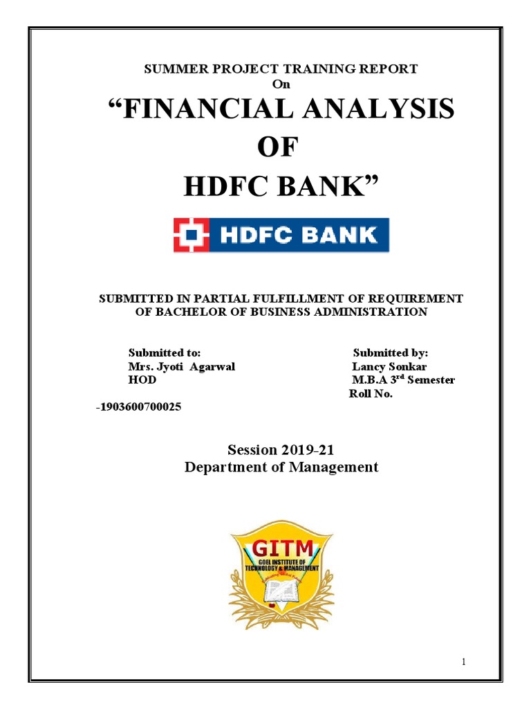 "Financial Analysis OF HDFC Bank: Summer Project Training Report On ...
