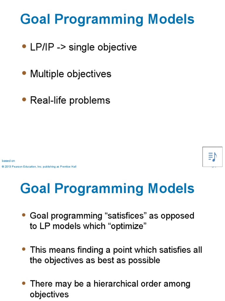 Goal Programming Models: LP/IP - Single Objective Multiple Objectives ... Goal Programming Models: LP/IP - Single Objective Multiple Objectives ...