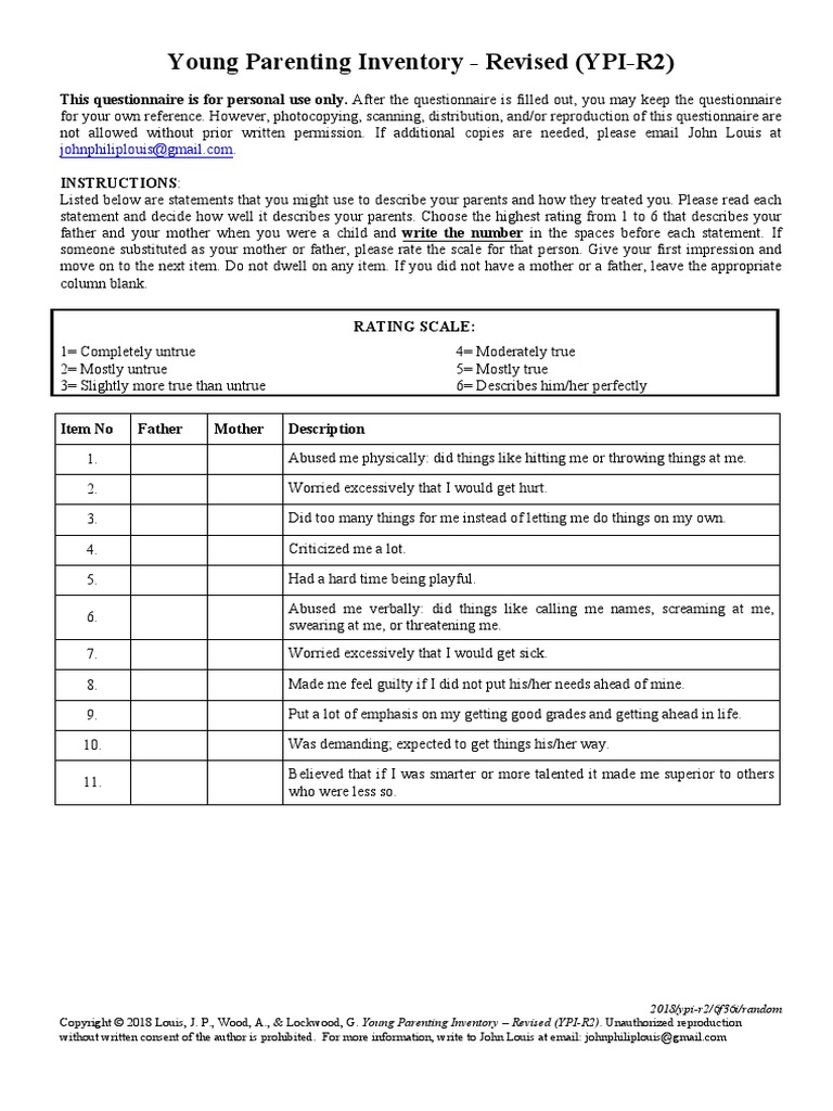 YPI - Young Parent Inventory | PDF | Psychology | Human Nature