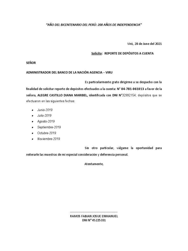 Modelo de Solicitud Chequeras Banco Nacion Peru | PDF
