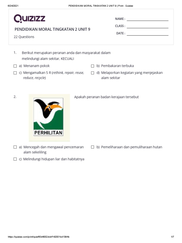 Pendidikan Moral Tingkatan 2 Unit 9 - Print - Quizizz | PDF