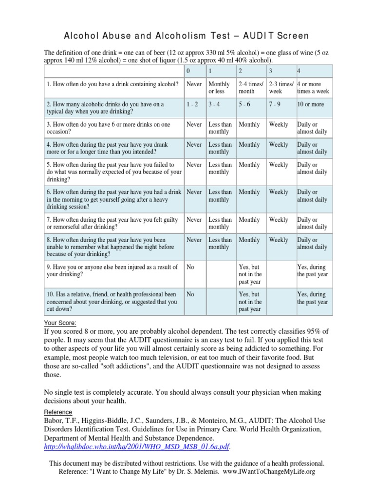 Alcohol Abuse and Alcoholism Test - AUDIT Screen | PDF | Alcoholic ...