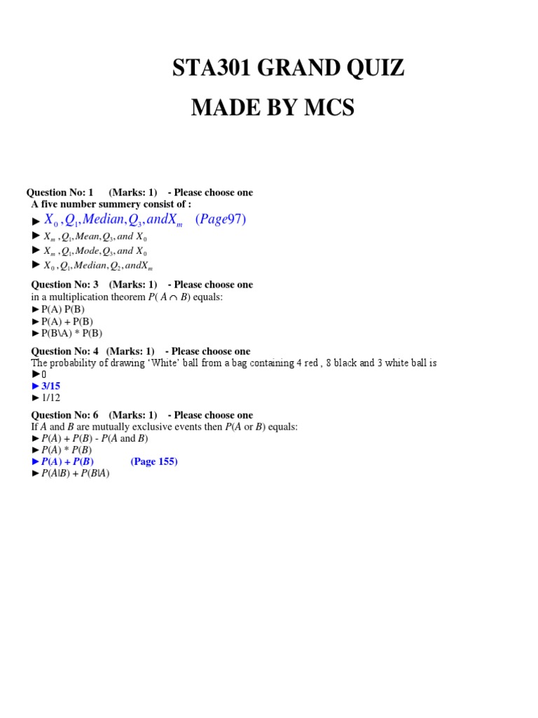 Sta301 Grand Quiz by Mcs | PDF | Mean | Level Of Measurement