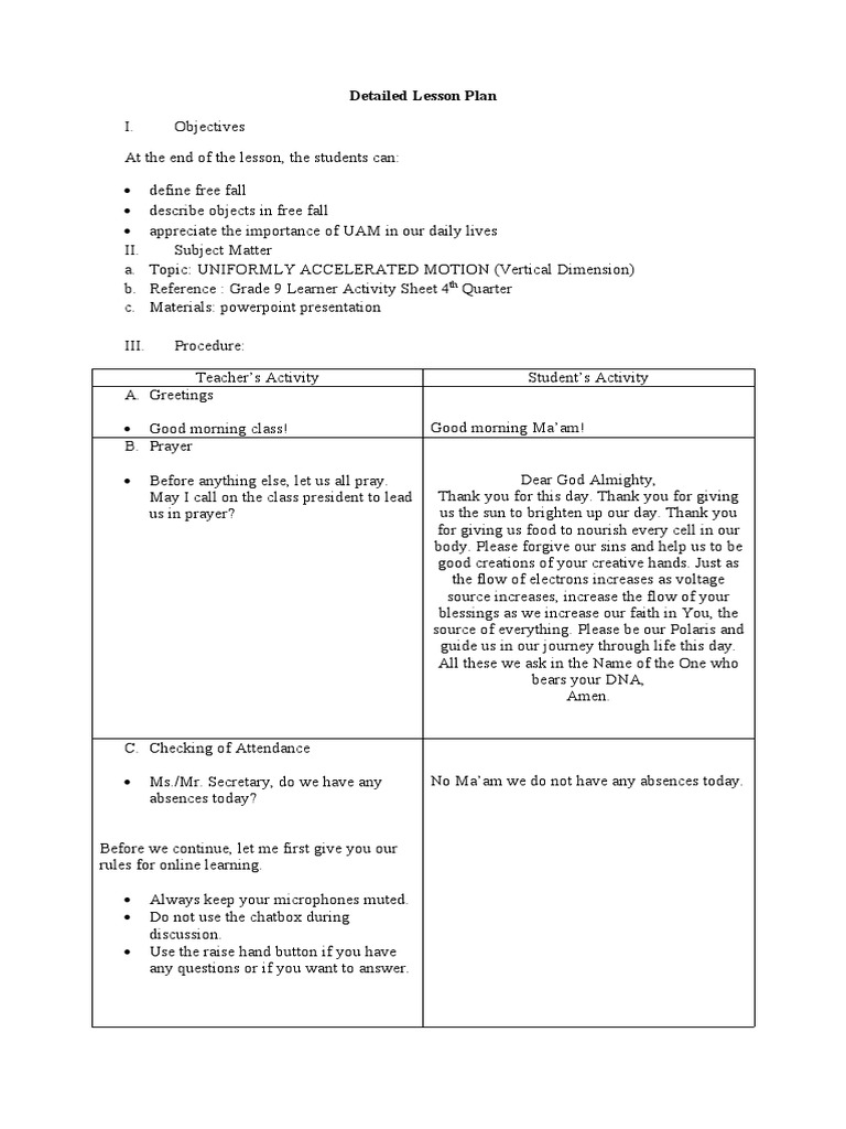 Detailed Lesson Plan | PDF | Acceleration | Gravity