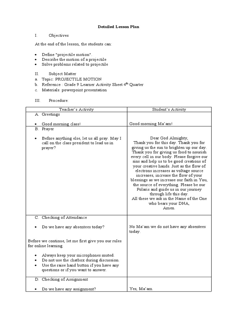 Detailed Lesson Plan | Download Free PDF | Projectiles | Acceleration