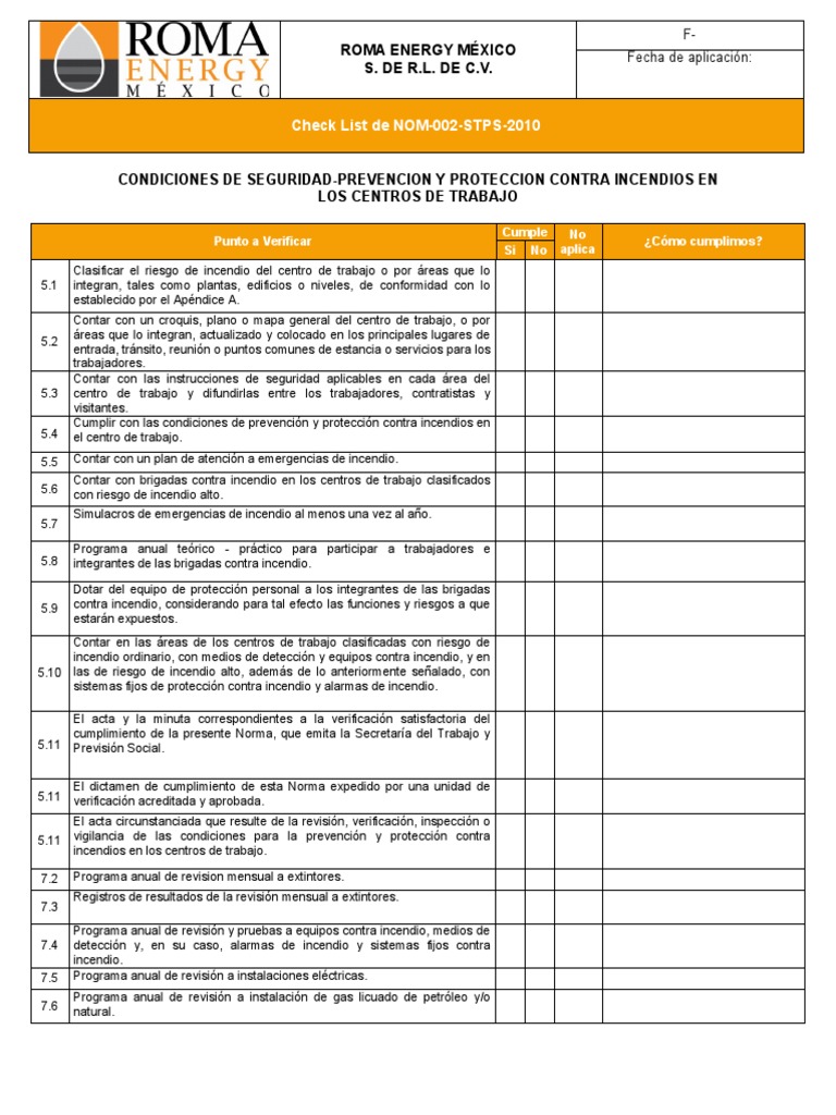 F-4.3.2-RM-01 Check List NOM-002-STPS-2010 | PDF | Peligros | Combustión