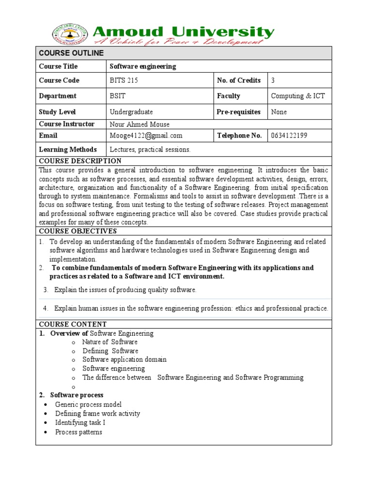 Course Outline of Software Engineering | PDF | Software | Engineering Course Outline of Software Engineering | PDF | Software | Engineering