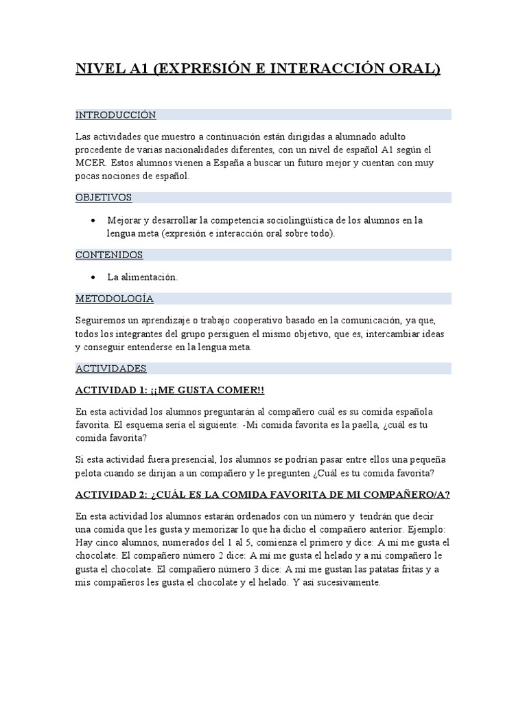 Actividades Expresión e Interacción Oral | PDF | Cocina | Alimentos
