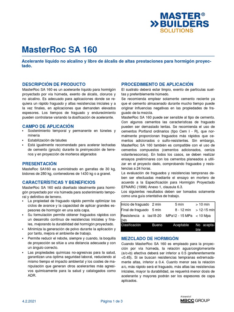MasterRoc SA 160 | PDF | Hormigón | Cemento