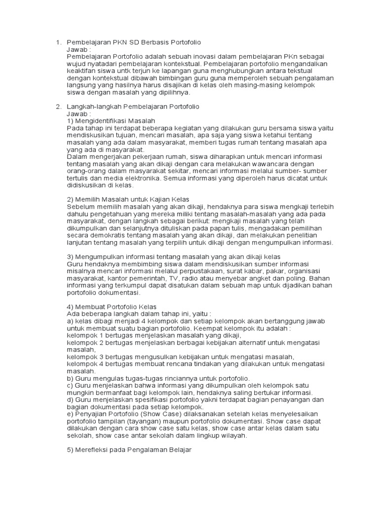 Pembelajaran PKN SD Berbasis Portofolio | PDF