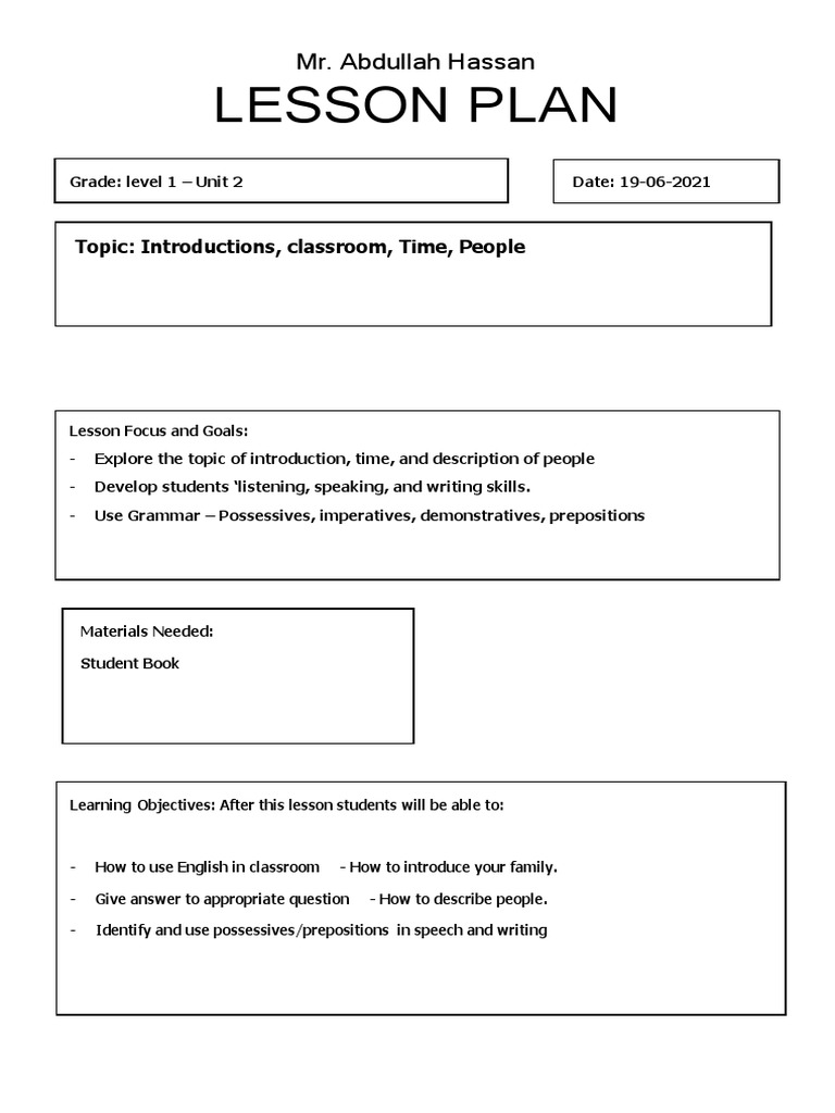 Lesson Plan Level 1 - Unit2 | PDF | Lesson Plan | Classroom