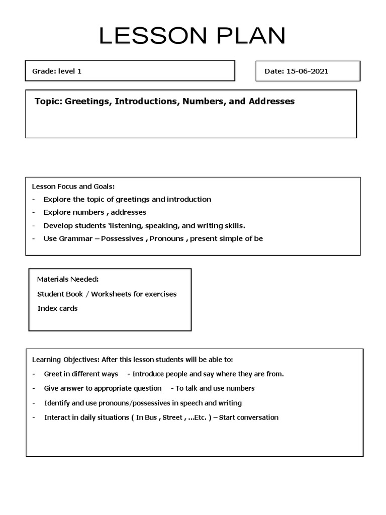 Lesson Plan: Topic: Greetings, Introductions, Numbers, and Addresses ...